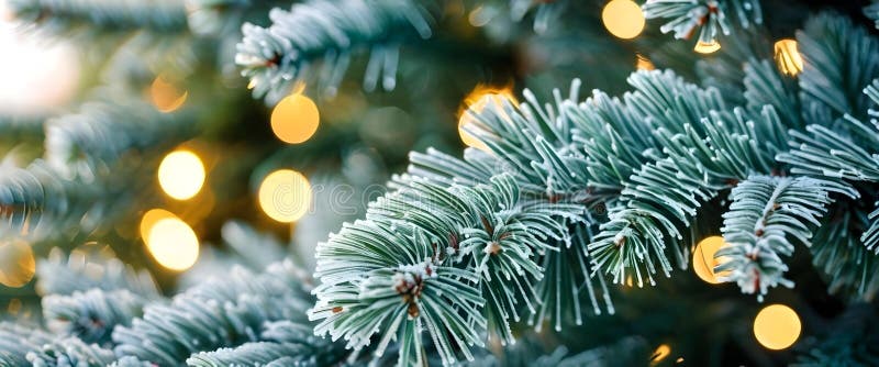 Macro Background of a Christmas Tree with Lights and Frost. AI ...