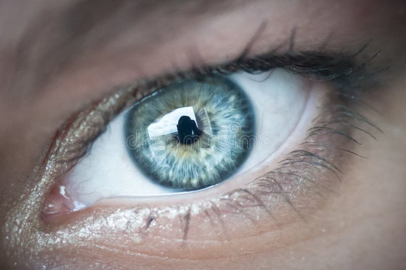 Macro of a Blue Eye of a Girl with Photographer Reflection Stock Photo ...