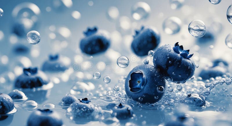 Macro of Blueberries Tumbling through Fresh Water with Bubbles Stock ...