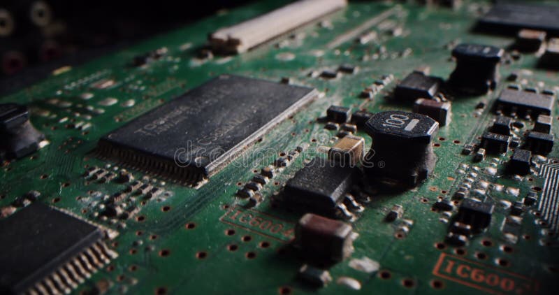 Macro Camera Moving Slowly Over Printed Circuit Board, Showing Computer ...