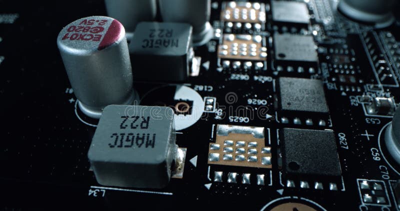 Macro Camera Moving Slowly Over Printed Circuit Board, Showing Computer ...