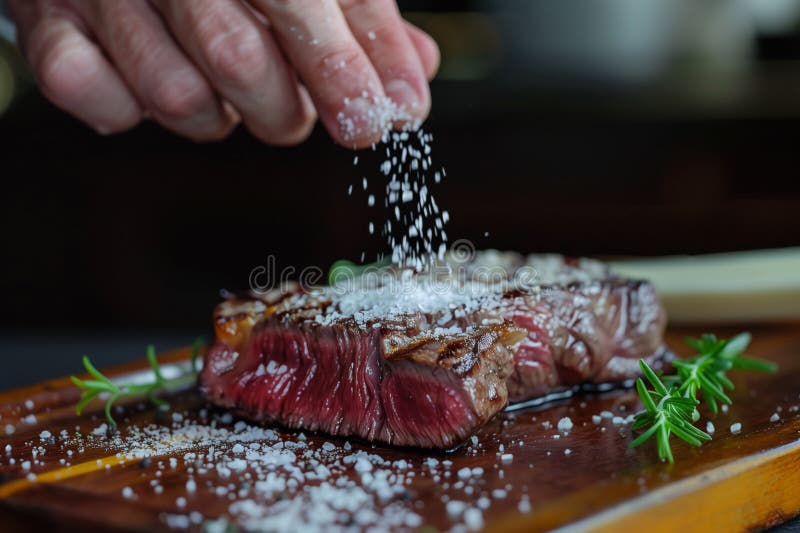 Macro of Chefs Hand Sprinkling Sea Salt on Steak Stock Illustration ...