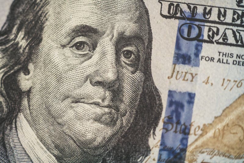Macro Close Up of Ben Franklin`s Face on the US 100 Dollar Bill. Stock ...