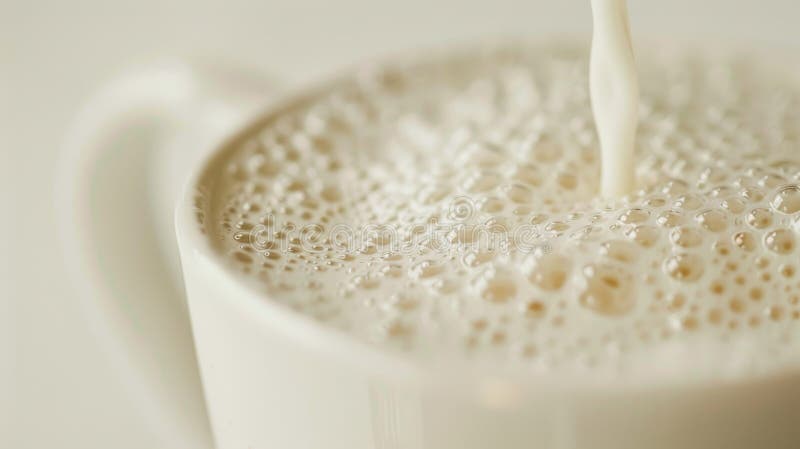 Macro Close Up of Bubbly Foam on Milk in White Cup on Table Surface for ...