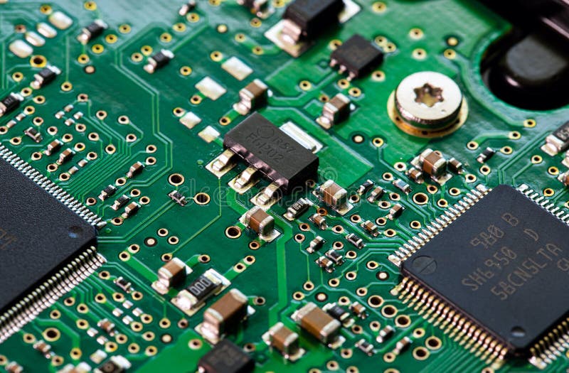 Macro Close Up of Components and Microchips on PC Circuit Board Stock ...