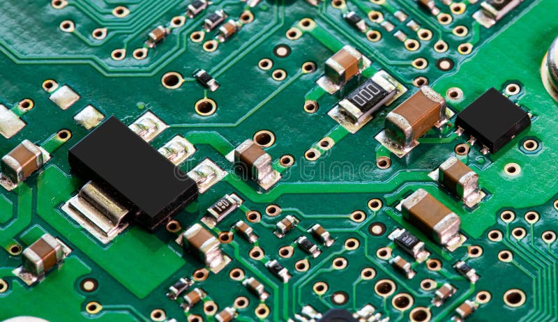 Macro Close Up of Components and Microchips on PC Circuit Board Stock ...
