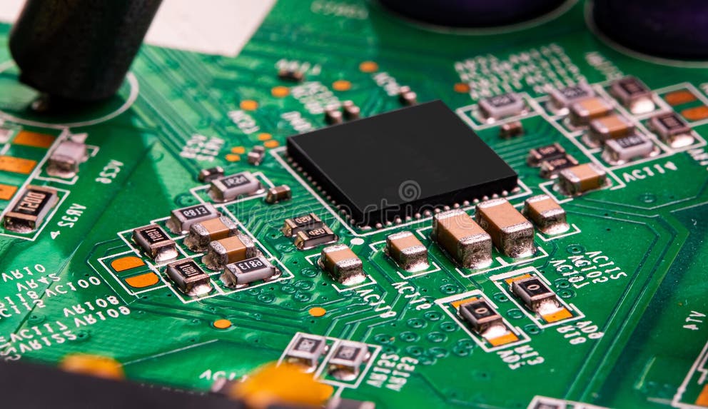 Macro Close Up of Components and Microchips on PC Circuit Board Stock ...