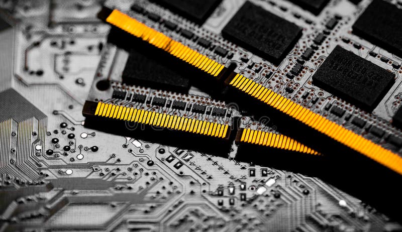 Macro Close Up of Computer RAM Chip and Motherboard Stock Image - Image ...