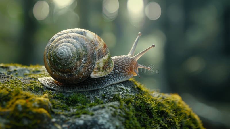 Macro Close Up Detailed Snail Shell on Mossy Stone with Realistic ...