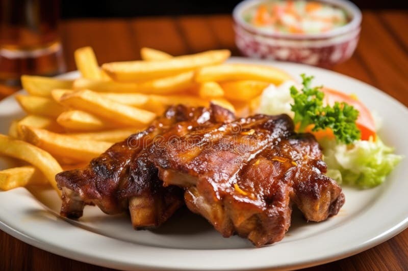Macro Close-up of Glazed Bbq Ribs with Side Dishes on a Plate Stock ...
