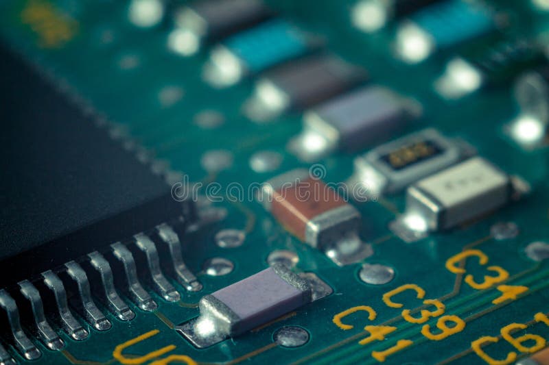 Macro Close-up of a Microcircuit: Detailed Tracks and Components, Shiny ...