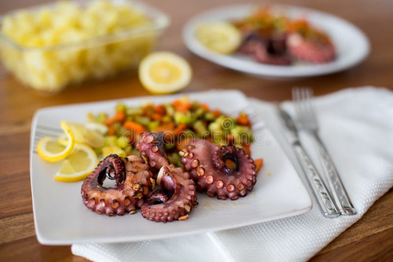 Macro Close Up of Octopus Appetizer with Vegetables Stock Photo - Image ...