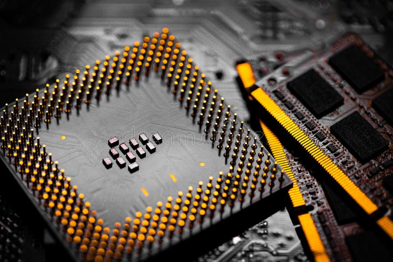 Close Up of RAM Memory and Pins on Main CPU PC Processor Circuit Board ...