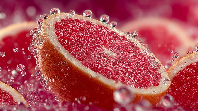 Macro Close-up of Red Grapefruit Slices in Soda with Ice, Sparkling ...