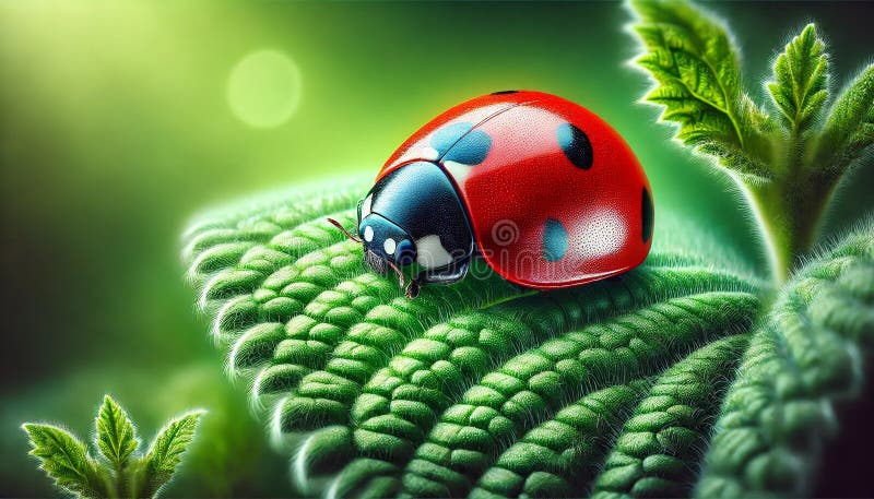 Macro Close-Up of a Red Ladybug on a Green Leaf in Natural Light Stock ...