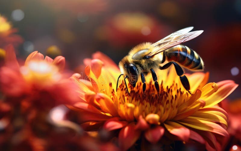 Macro Close-up Representation of a Bee Collecting Nectar and Pollen ...