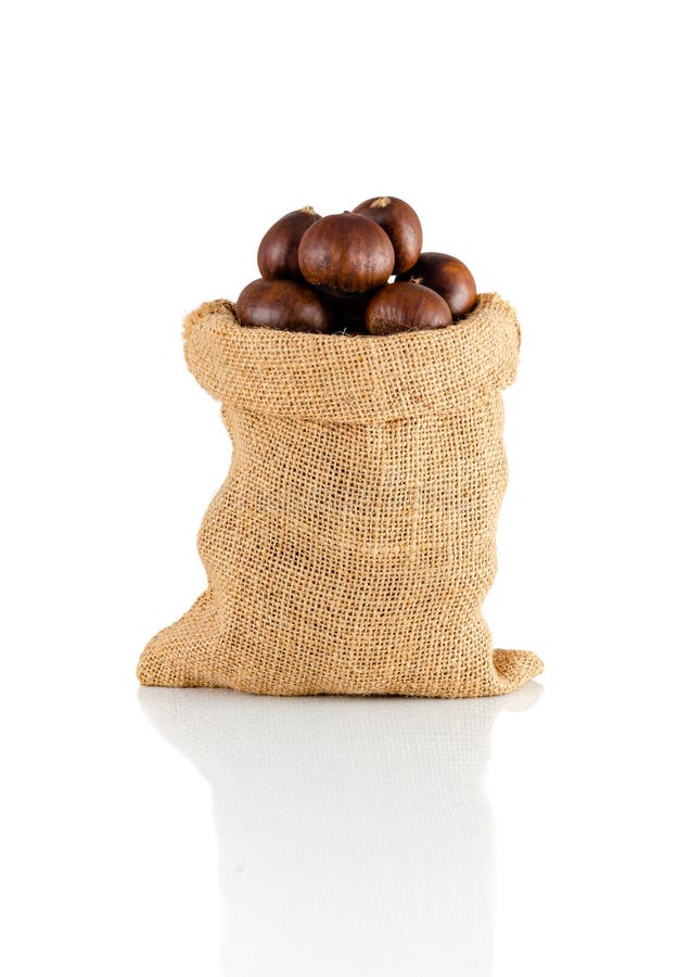 Macro or Close-up Side View of Chestnut in a Burlap Sack and Reflection ...
