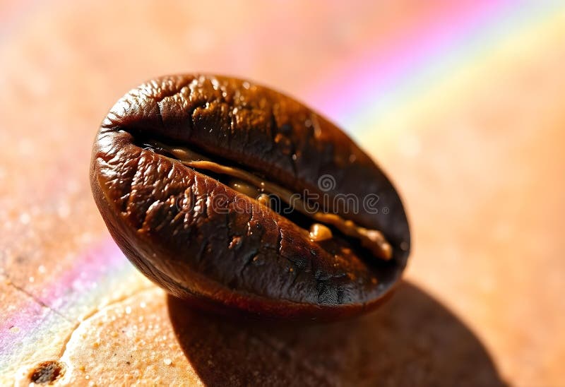 Single Roasted Coffee Bean with Rainbow Reflection Creating Vibrant ...