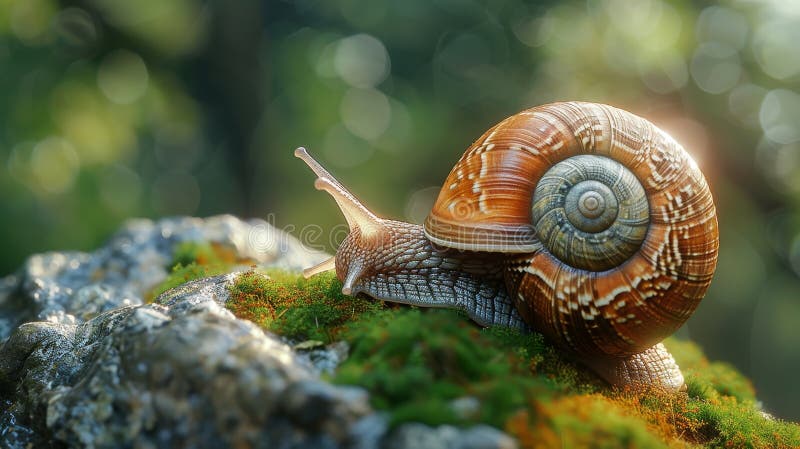 Macro Close Up of Snail on Mossy Stone with Detailed Shell Pattern in ...