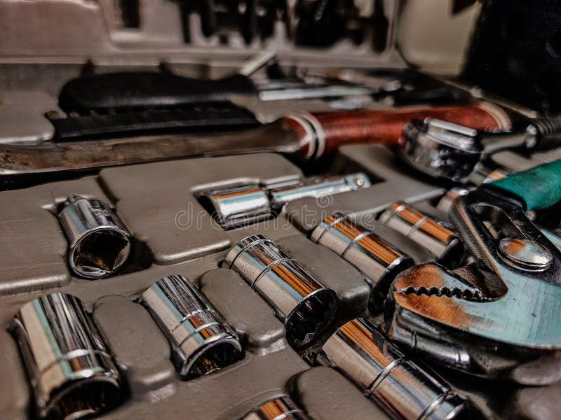 Macro Close-up of Tools Kit Set Wrenches Sockets Ratchets Angle ...