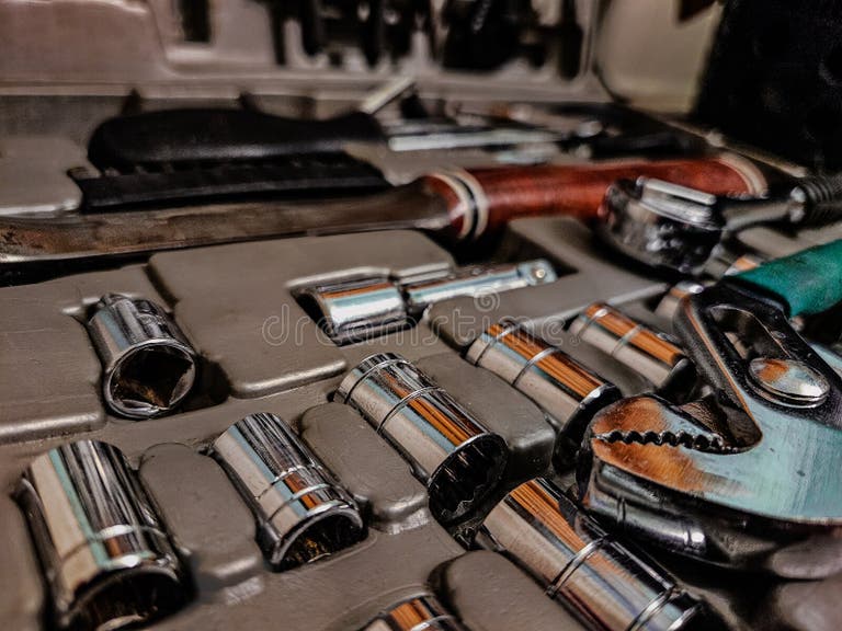 Macro Close-up of Tools Kit Set Wrenches Sockets Ratchets Angle ...