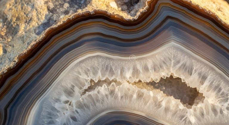 Macro Close-up of a Translucent Agate Geode with Crystal Formations and ...