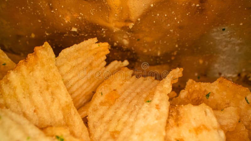 Macro Close Up View of the Chips Pack with Chips Inside. Stock Photo ...