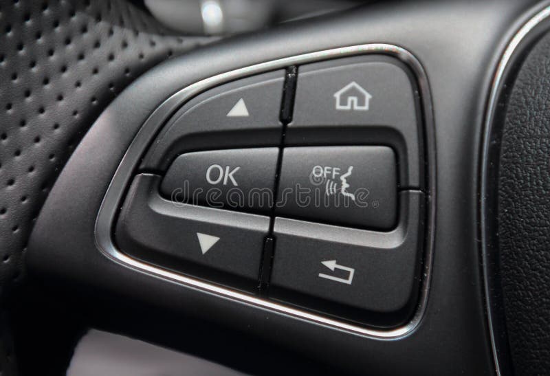 A Macro Close Up View of Command Buttons on the Steering Wheel Stock ...