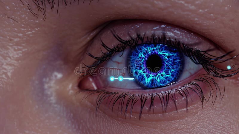 Macro Closeup of Human Eye with Digital Reflections Represents Vision Connection Technology ...