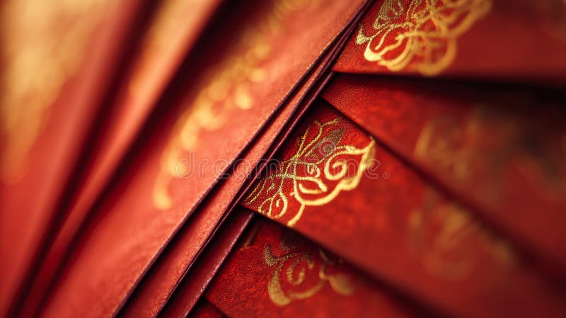 Macro Collection of Stacked Red Envelopes with Gold Patterns Stock ...