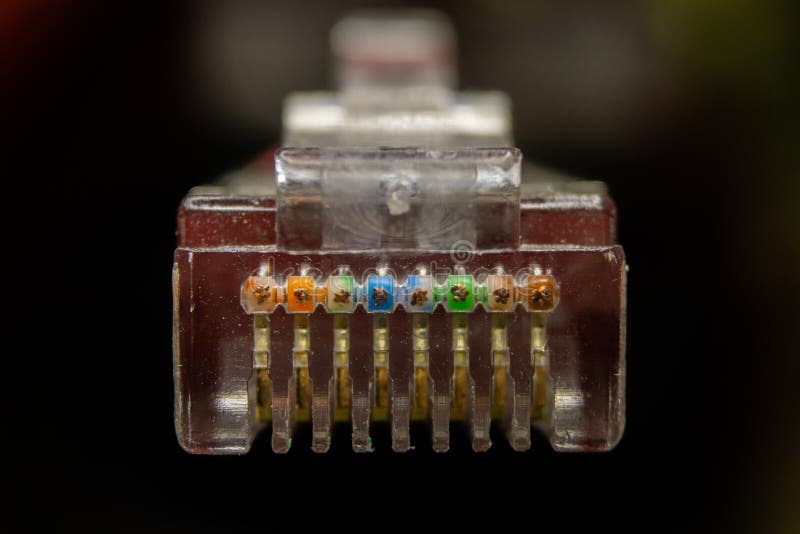 Macro Cross Section Front Angle View of Red RJ45 CAT6 Shielded Network ...