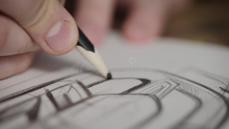 Macro Drawing Plan. Illustrator Man Makes a Sketch with a Pencil. the ...