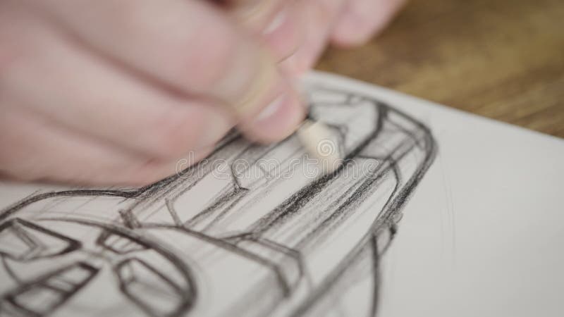 Macro Drawing Plan. Illustrator Man Makes a Sketch with a Pencil. the ...