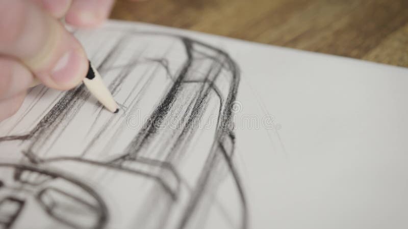 Macro Drawing Plan. Illustrator Man Makes a Sketch with a Pencil. the ...