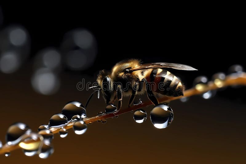 Macro Drops of Water on the Wool of a Bee. AI Generated. Stock ...