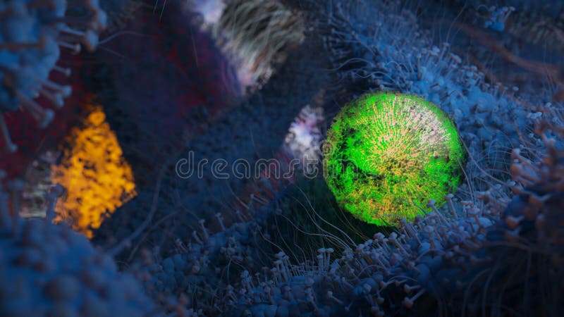 Viral Cell Inside a Healthy Body. Green Molecule. Focus Frame. Stock ...