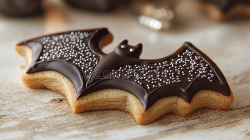 Macro Halloween Bat Cookie with Dark Chocolate Icing and Silver ...