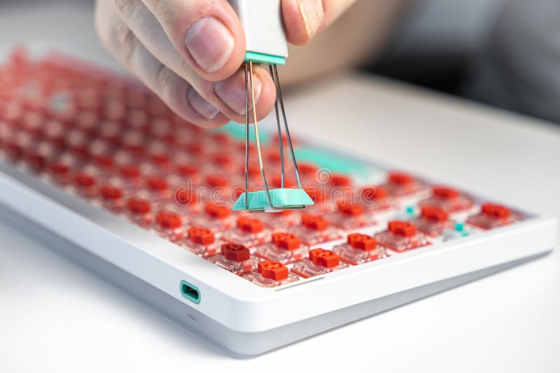 Macro of Hand Using Wire Keycap Puller To Detach Teal Key from Red ...