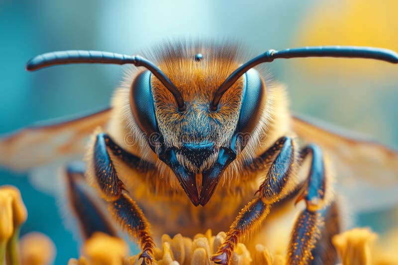 Macro of a Honey Bee on Flower. Generative AI. Stock Illustration ...