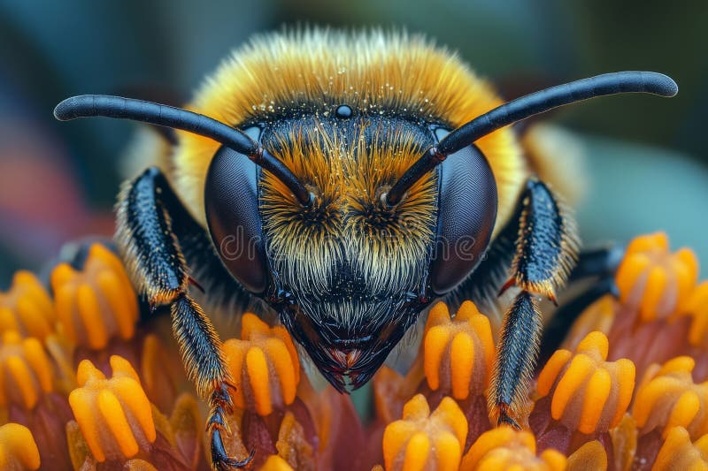 Macro of a Honey Bee on Flower. Generative AI. Stock Illustration ...