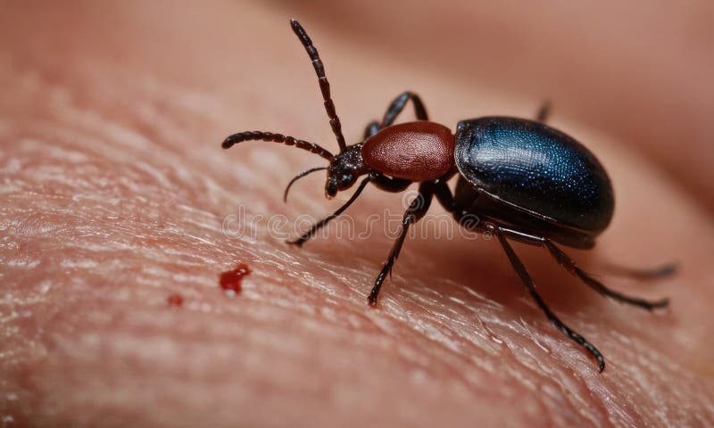 Macro Image of a Beetle on Human Skin with a Drop of Blood beside it ...