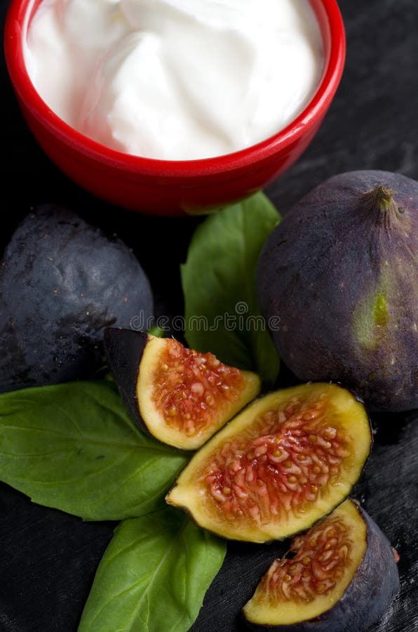 Macro Image of Delicious Figs with Basil and Plain Greek Yogurt Stock ...