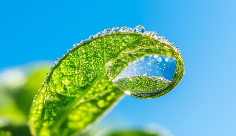 A Macro Image of a Dewdrop on a Green Blade of Grass, Showcasing a Calm ...