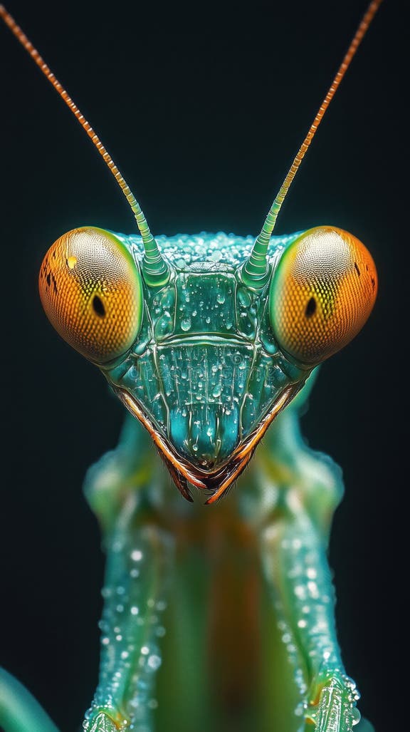 Macro Image of Green Mantis with Vibrant Eyes and Droplets Stock ...