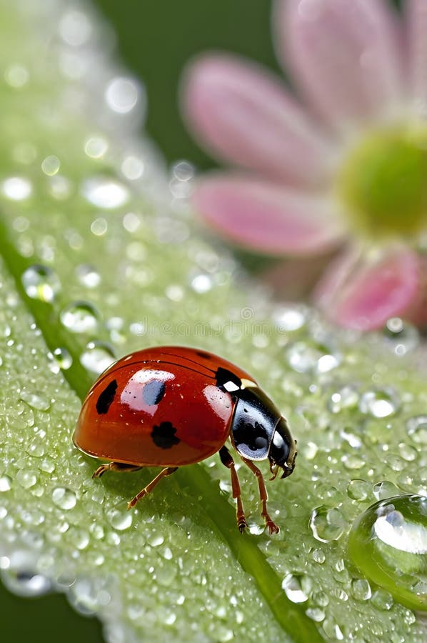 Macro Image of a Ladybug with Dewdrops on a Leaf — AI-generated Stock ...