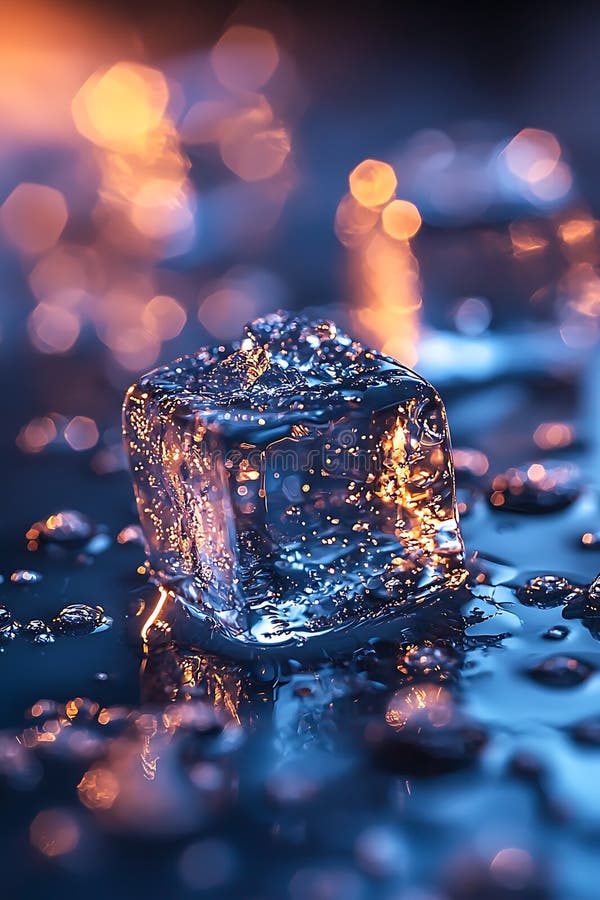 Melting Ice Cubes Close-up, Shimmering Droplets in Glow. Stock ...