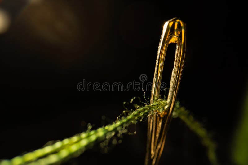 Macro Image of a Needle Eye Threaded with Piece of Green Thread on ...