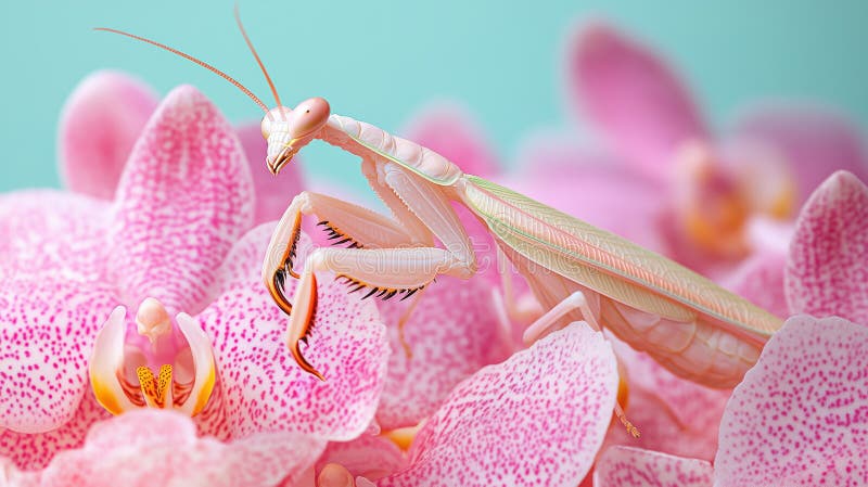 Macro Image of Pink and White Mantis on Vibrant Orchid Flowers Stock ...