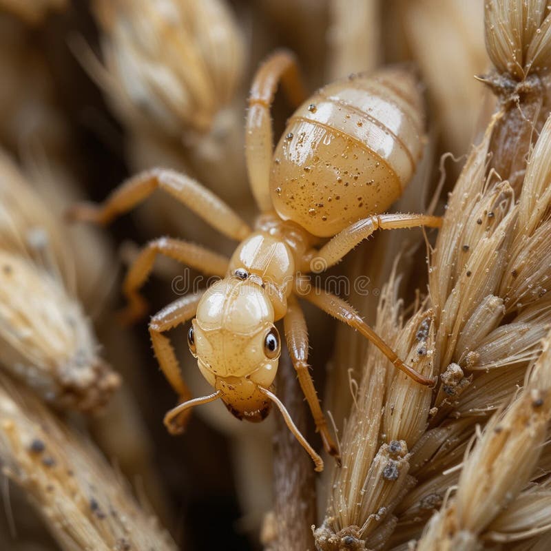 Macro Image of a Termite Exploring Wheat, Showcasing Its Pale Body and ...