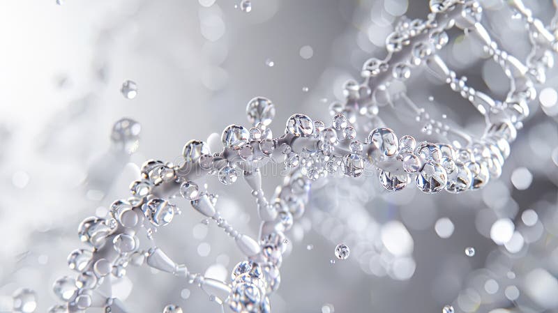 Close-Up View of a DNA Helix Surrounded by Water Droplets in a White ...
